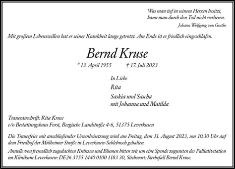 Alle Traueranzeigen für Bernd Kruse trauer rp online de