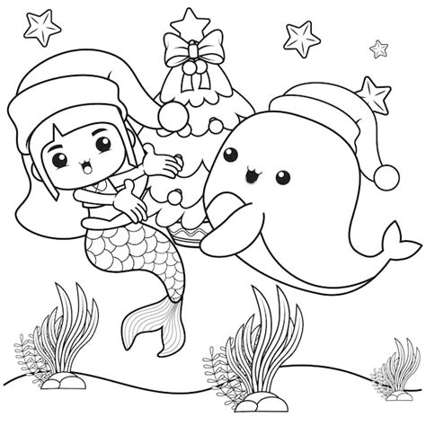 Premium Vector Christmas Coloring Book With Cute Mermaid Girl