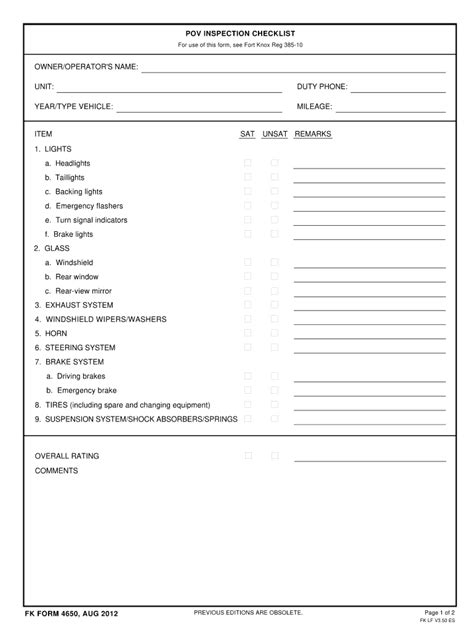 Pov Inspection Sheet Army Top Defense Systems