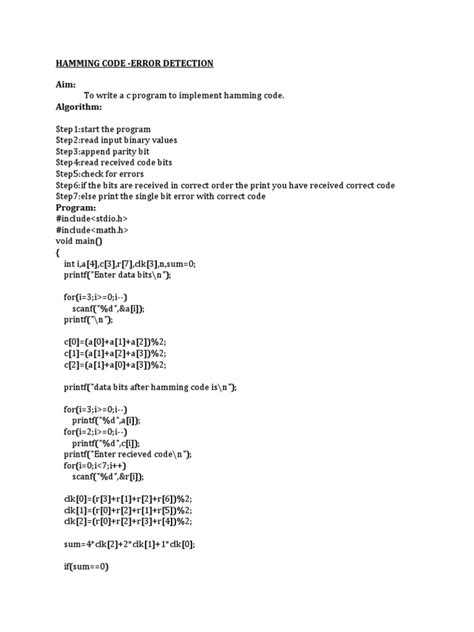 hamming code error detection aim algorithm pdf software engineering information age