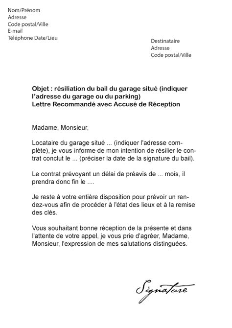 Lettre de résiliation d un Bail pour un Garage ou un Parking