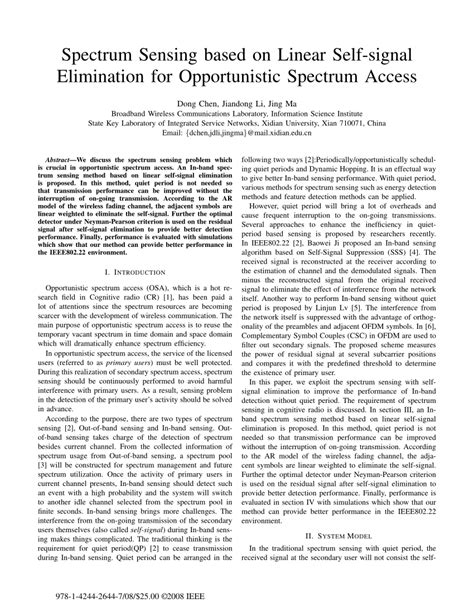 pdf spectrum sensing based on linear self signal elimination for opportunistic spectrum access