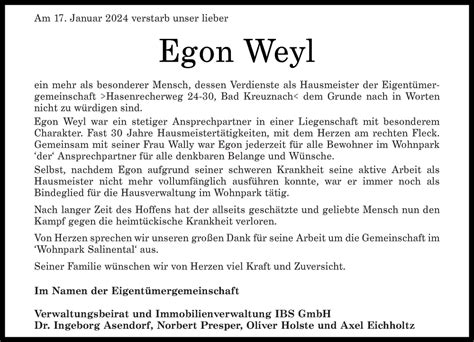 Traueranzeigen Von Egon Weyl Rz Trauer De