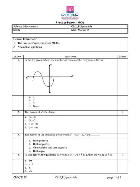 mastering polynomials a practice paper on identifying zeroes degrees and other properties of