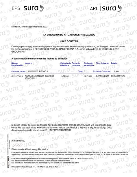Constancia Afiliacion Trabajador 10 Medellín 19 de Septiembre de