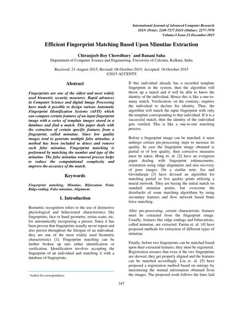 pdf efficient fingerprint matching based upon minutiae extraction
