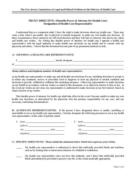 Free New Jersey Advance Directive Form PDF