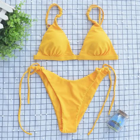 Ties Bikini Set Push Up Biquinis Women Swimwear Summer Swimsuit Brazilian Yellow Knotted Sexy