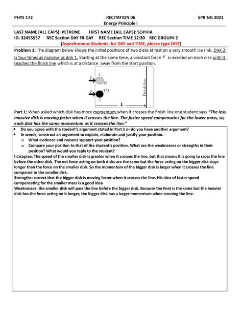 Phys S Rec Final Phys Recitation Energy Principle I