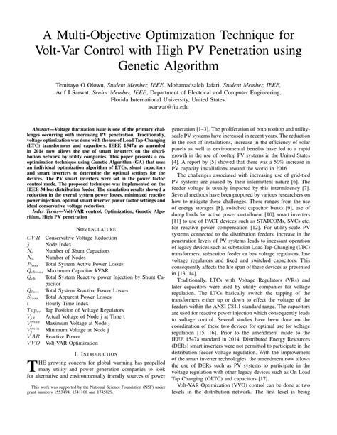 pdf a multi objective optimization technique for volt var control with high pv penetration