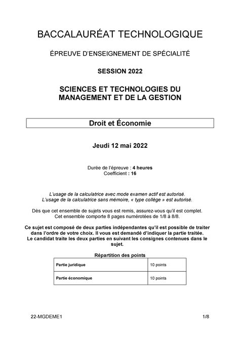 Stmg spe droit economie 2022 metropole 2 BACCALAURÉAT TECHNOLOGIQUE