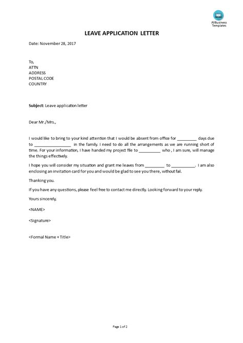 Leave Application Letter Gratis