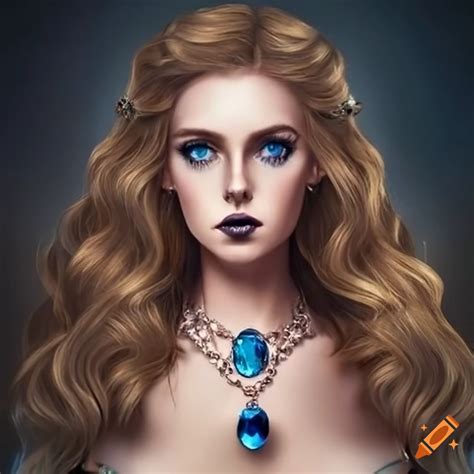 Portrait Of A Woman With Wavy Brown Hair And Blue Eyes