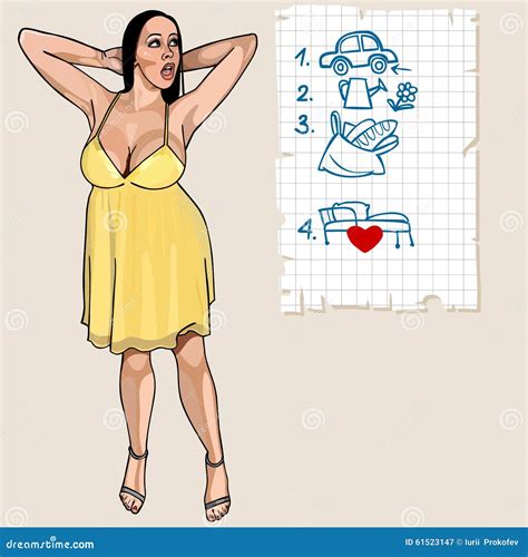 Girl With Big Breasts Dreaming About Gifts List Stock Vector