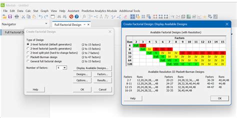 how to set up a 2 level factorial design using minitab software prism