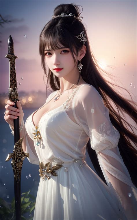 Asian Women Looking At Viewer Standing Long Hair AI Art White