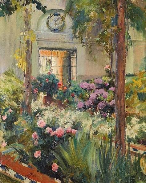 A Painting Of Flowers And Trees In Front Of A Building With A Clock On It