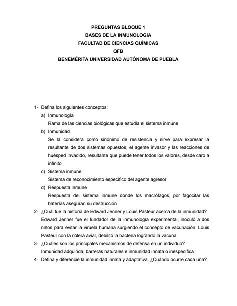 SOLUTION Bloque 1 Preguntas Inmunolog A Qfb Docx 1 Studypool