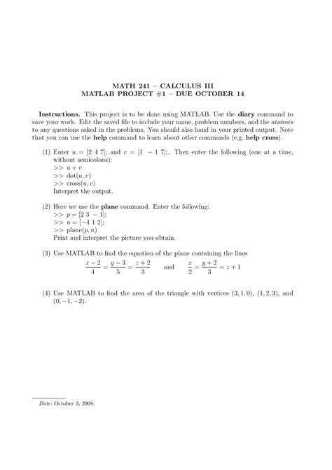 4 problems on introduction to calculus iii matlab project 1 math 241 docsity