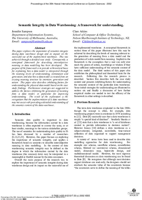 pdf semantic integrity in data warehousing a framework for understanding clare atkins