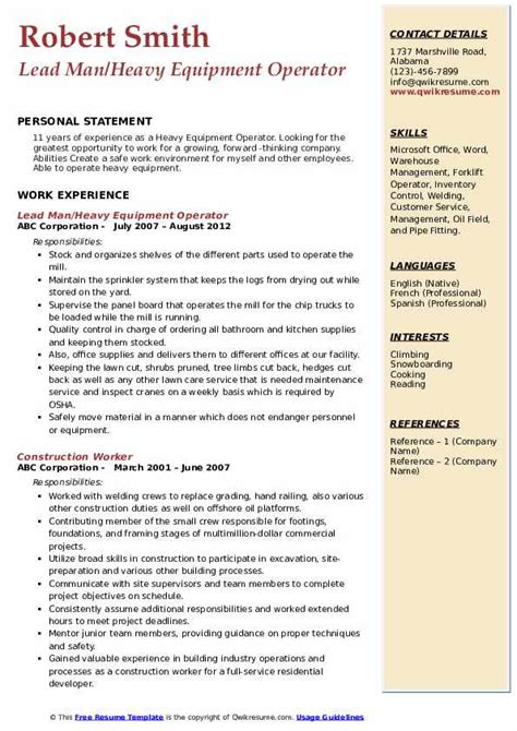 Heavy Equipment Resume Sample