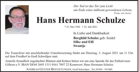 Traueranzeigen Von Hans Hermann Schulze Trauer38 De