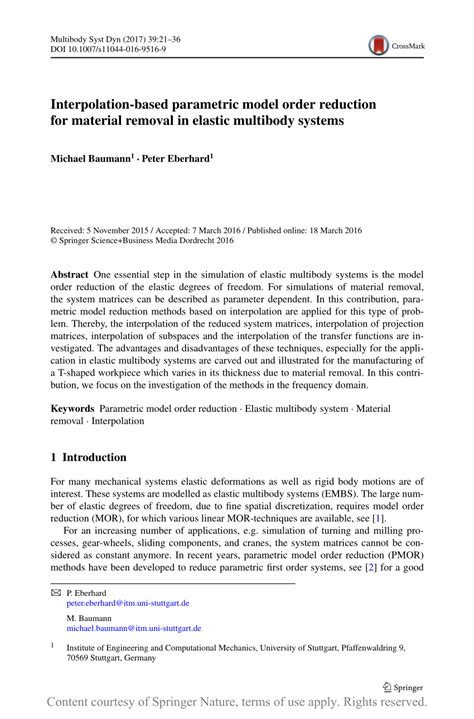 interpolation based parametric model order reduction for material removal in elastic multibody