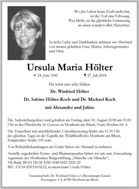 Traueranzeigen von Ursula Maria Hölter Trauer in NRW de