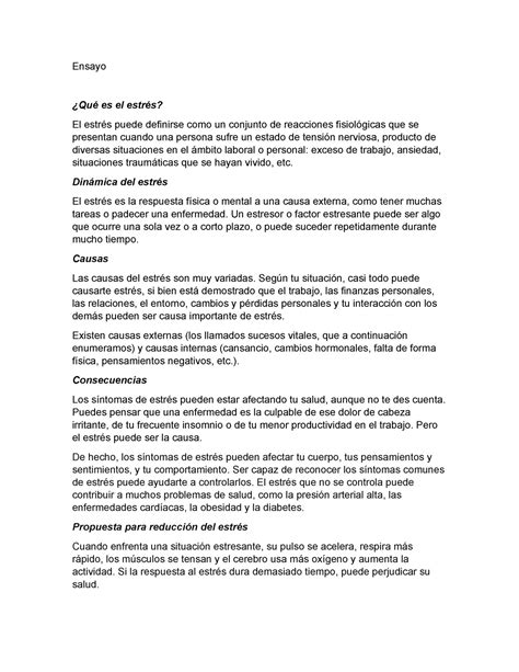 Ensayo Estrés Investigación Ensayo Qué es el estrés El estrés