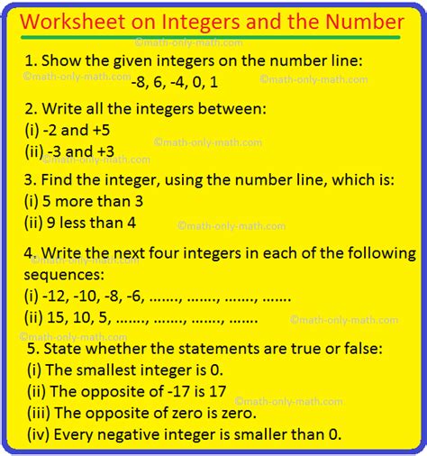 worksheet on integers and the number line integers using a number line