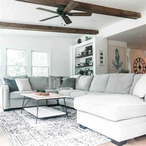Shiplap Living Room Ceiling With Dark Exposed Wood Beams Soul Lane