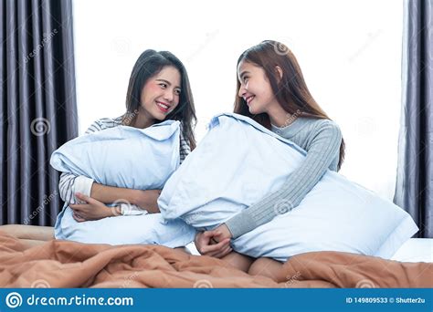 Two Asian Lesbian Looking Together In Bedroombeauty Concept Happy Lifestyles And Home Sweet