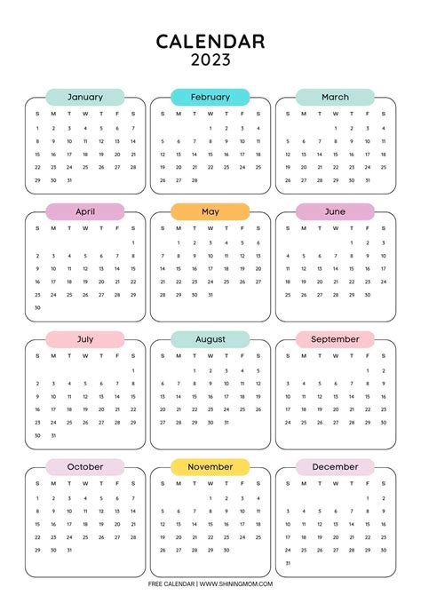 Year 2023 Calendar Free One Page Calendar Templates
