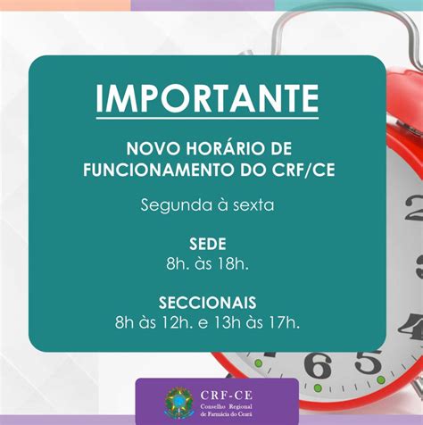 Novo horário de funcionamento do CRF CE CRF CE