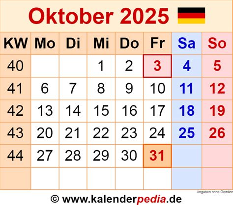 Kalender Oktober 2025 Als PDF Vorlagen