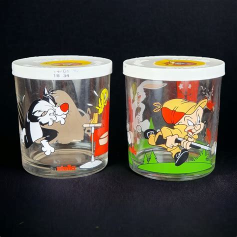 2x Looney Tunes Nutella Glass Lid 1997 Tweety Sylvester Elmer Fudd