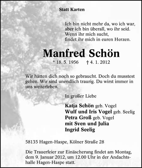 Traueranzeigen von Manfred Schön Trauer in NRW de