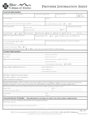 Fillable Online 9 105 03 13 Provider Information Sheetindd Blue Cross