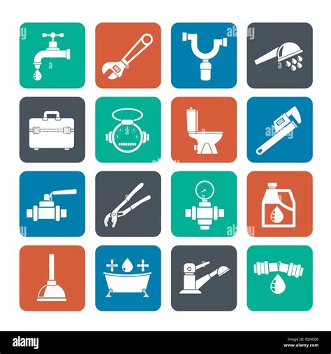 Silhouette Plumbing Objects And Tools Icons Vector Icon Set Stock