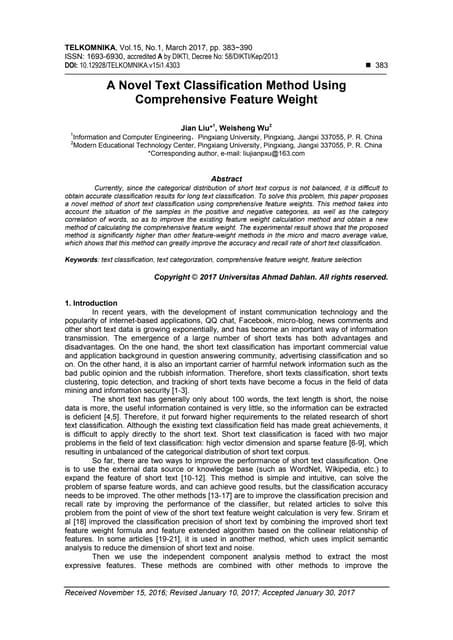 a novel text classification method using comprehensive feature weight pdf