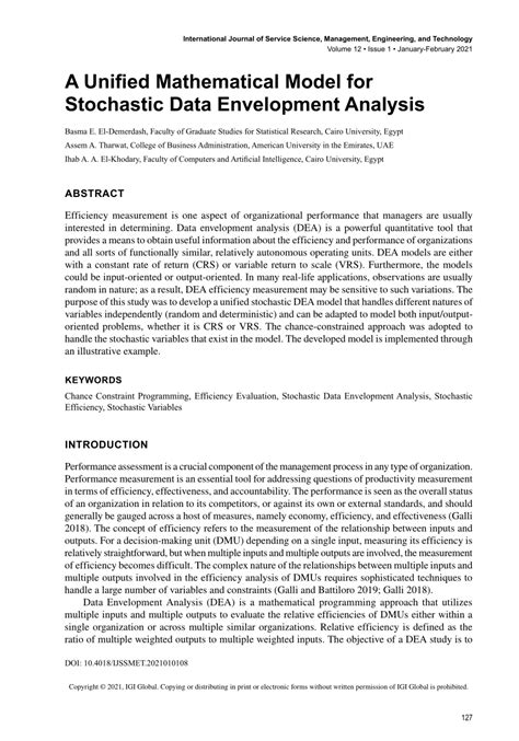 pdf a unified mathematical model for stochastic data envelopment analysis