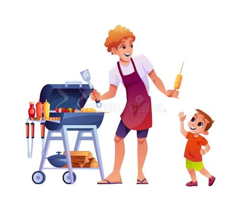 Padre E Hijo En Picnic Asado Bbq Maíz Aislado Ilustración del Vector