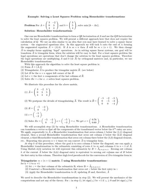 example solving a least squares problem using householder transformations pdf matrix
