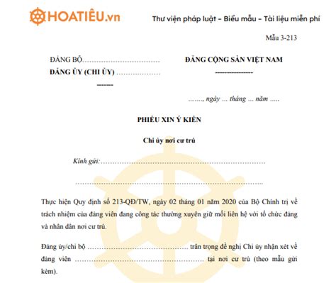 Phiếu xin ý kiến chi ủy nơi cư trú năm 2024 HoaTieu vn