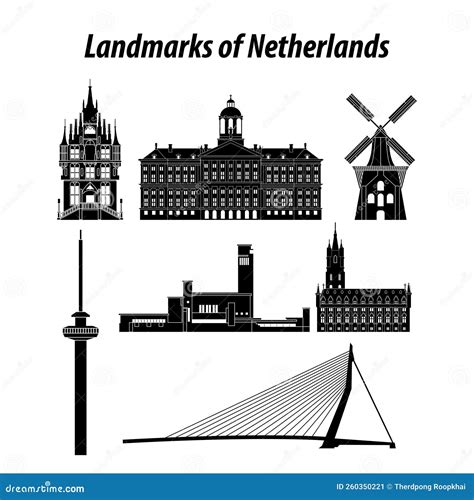 Set Of Netherlands Famous Landmarks By Silhouette Style Stock Vector