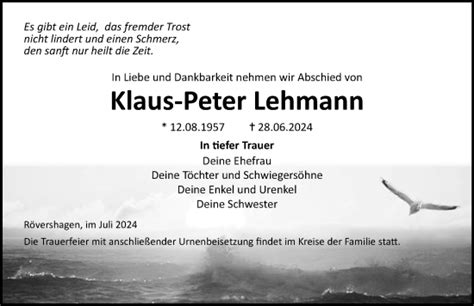 Traueranzeigen Von Klaus Peter Lehmann Trauer Nordkurier
