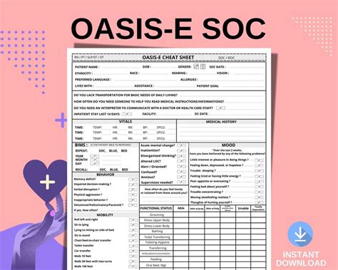 Oasis E Cheat Sheet Start Of Care Template Oasis Home Health Etsy Canada