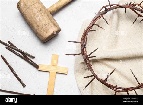 Crown Of Thorns With Shroud Mallet Cross And Nails On White
