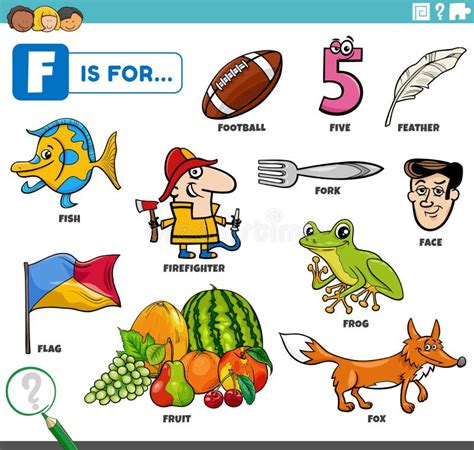 Letter F Words Educational Set With Cartoon Characters Stock Vector