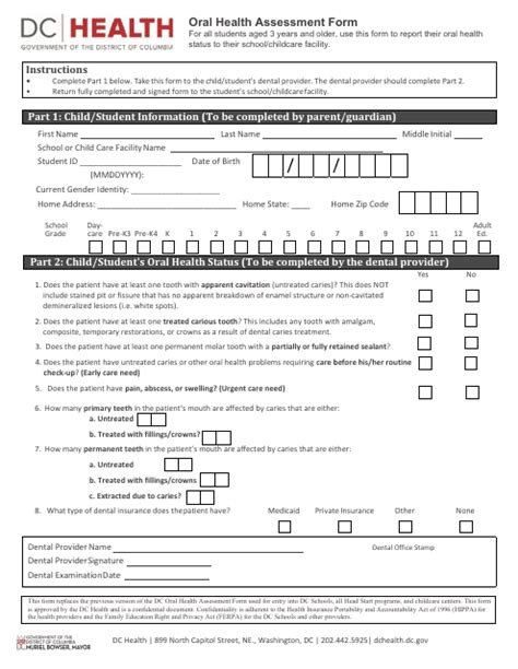 Washington D C Oral Health Assessment Form Fill Out Sign Online